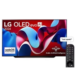 Front view with LG OLED evo TV, OLED C4, 11 Years of world number 1 OLED Emblem logo and webOS Re:New Program logo on screen