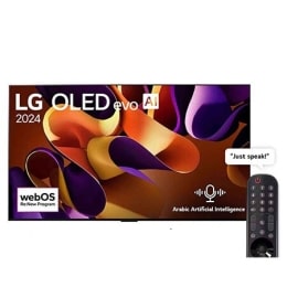 Front view with LG OLED evo TV, OLED G4, 11 Years of world number 1 OLED Emblem, webOS Re:New Program logo, and 5-Year Panel Warranty logo on screen, as well as the Soundbar below