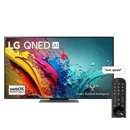 Front view of LG QNED TV, QNED90 with text of LG QNED MiniLED, 2024, and webOS Re:New Program logo on screen