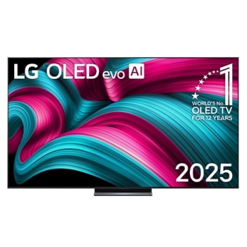Front view of LG OLED evo AI C5 4K Smart TV. 12 Years of world number 1 OLED emblem and LG OLED evo AI 2025 logo are on the screen.