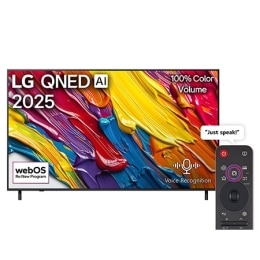 Front view of LG QNED82 TV, LG QNED Al Logo on the top corner. LG QNED82 TV depicts colorful paintike textures coming together.