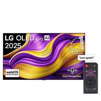 Front view of LG OLED evo AI G5 4K Smart TV. 12 Years of world number 1 OLED emblem and LG OLED evo AI 2025 logo are on the screen.