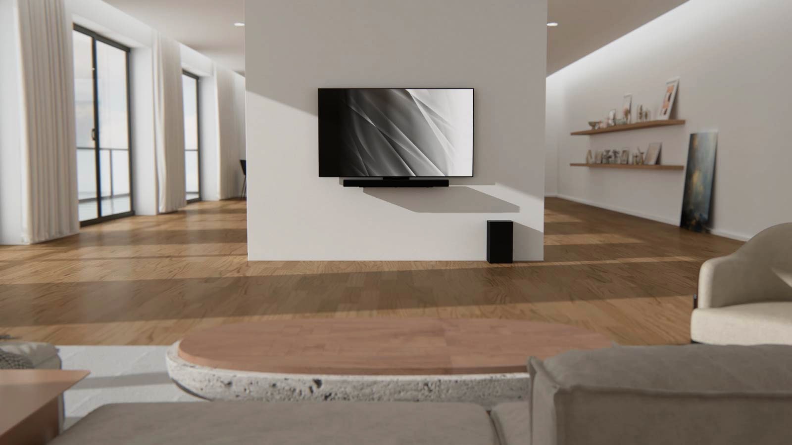 En video åpner med at det synergiske veggfestet skrus inn i baksiden av LG OLED C3. TV-en festes deretter sømløst til veggen i en lys og moderne stue.