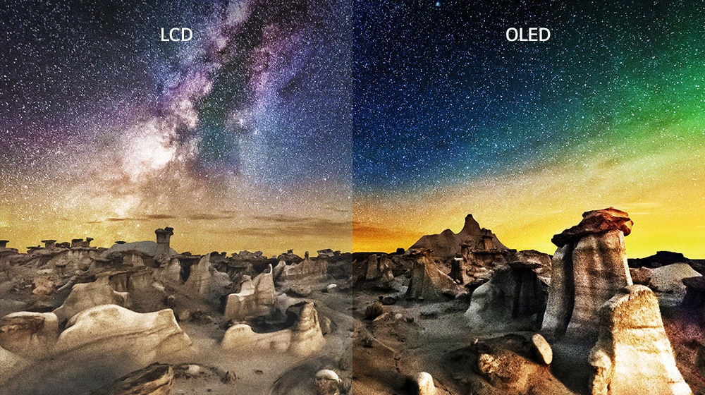 En visning av en LCD og en OLED side om side. LCD-siden viser lav kontrast og gråaktige mørke områder i det steinete landskapet. OLED-siden viser mørk svart, livlige farger og høy, naturlig kontrast.