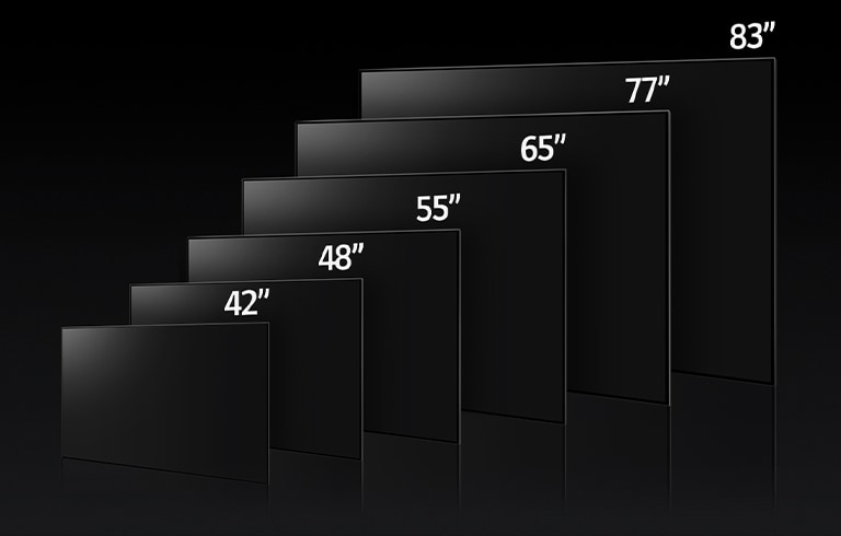 Et bilde som sammenligner LG OLED C3 sine forskjellige størrelser, viser 42 tommer, 48 tommer, 55 tommer, 65 tommer, 77 tommer og 83 tommer.