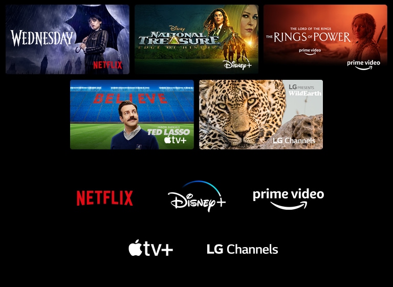 En plakat av Wednesday fra Netflix, National Treasure fra Disney+, Maktens Ringer fra Prime Video, Ted Lasso fra Apple TV+ og et stillbilde fra LG Channels med en leopard i det fri.