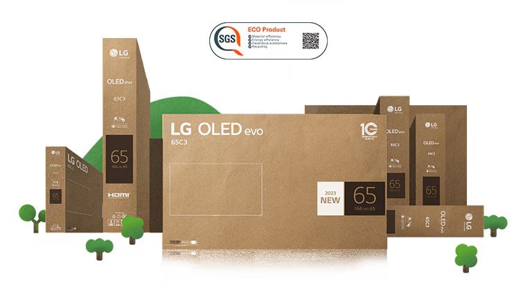 Miljøvennlig LG OLED-pappemballasje avbildet rundt blomstrende trær og fjell.