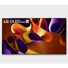 Вид спереди на телевизор LG OLED evo, OLED G4, эмблему «OLED №1 в мире в течение 11 лет» и logo 5-летней гарантии на панель на экране, а также на расположенную ниже звуковую панель