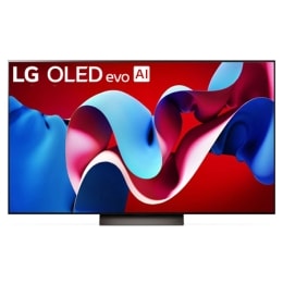 Вид спереди на телевизор LG OLED evo, OLED C4, logo эмблемы «OLED №1 в мире в течение 11 лет» и logo программы webOS Re:New Program на экране, а также звуковую панель снизу