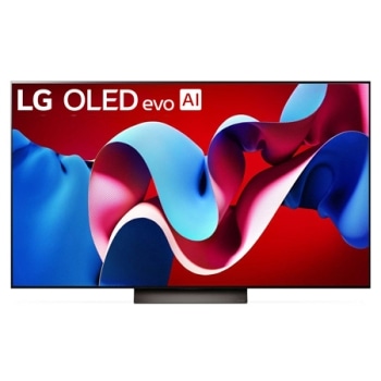 Вид спереди на телевизор LG OLED evo, OLED C4, logo эмблемы «OLED №1 в мире в течение 11 лет» и logo программы webOS Re:New Program на экране, а также звуковую панель снизу